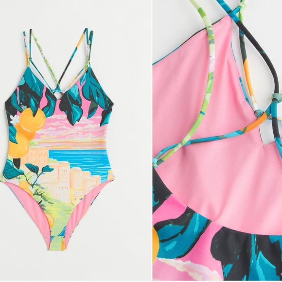 H&M | Tops | Hm Italian Beach Scene Narrow Shoulder Strap Bodysuit ...